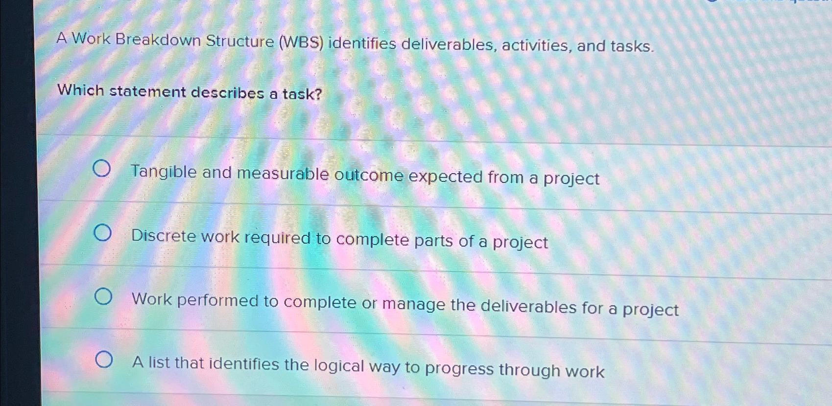Solved A Work Breakdown Structure (WBS) ﻿identifies | Chegg.com