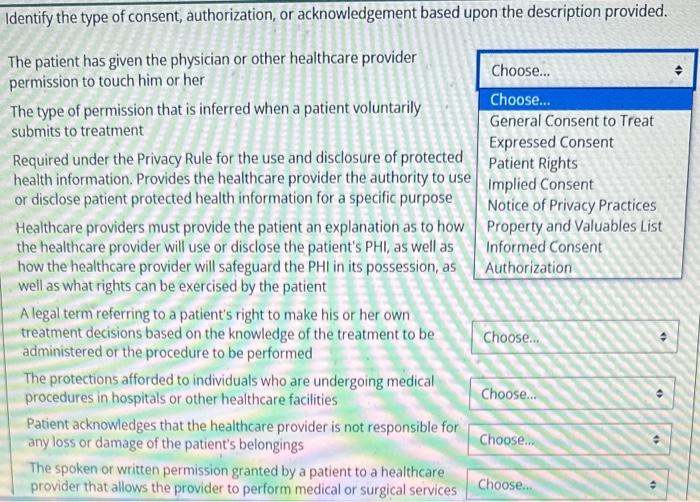 Identify the type of consent, authorization, or | Chegg.com