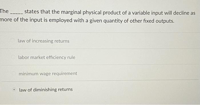 Solved The states that the marginal physical product of a | Chegg.com