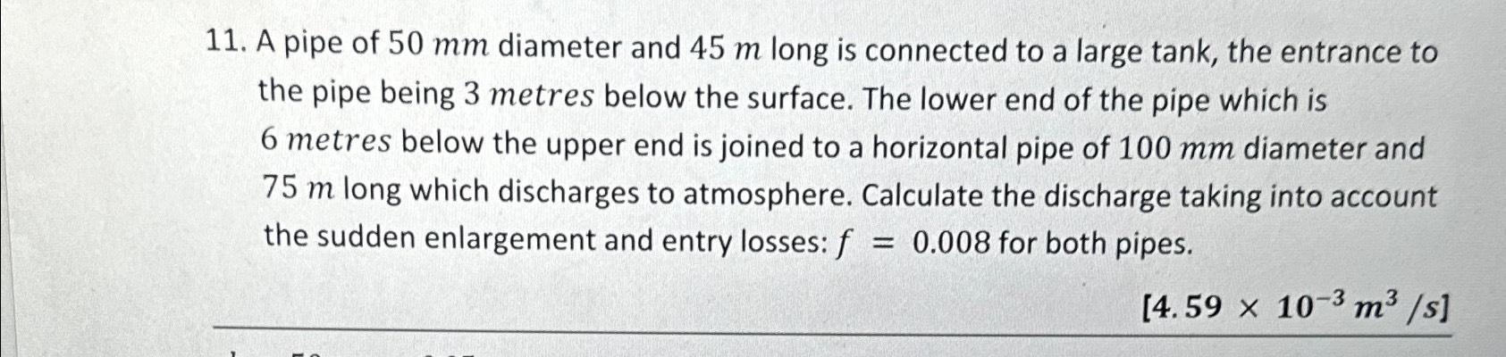 Solved A pipe of 50mm ﻿diameter and 45m ﻿long is connected | Chegg.com
