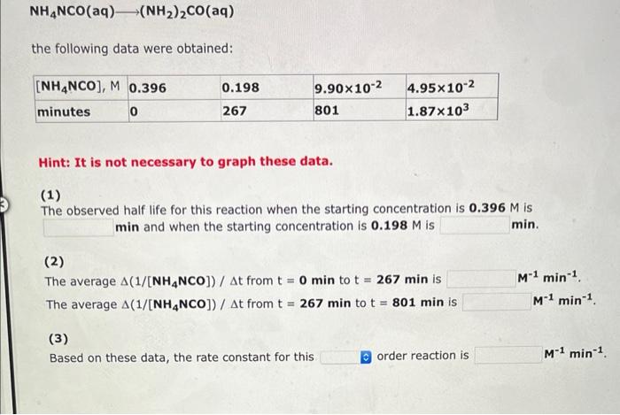 Solved NH4NCO(aq) (NH2)2CO(aq) the following data were | Chegg.com Solved NH4NCO(aq) (NH2)2CO(aq) the following data were | Chegg.com
