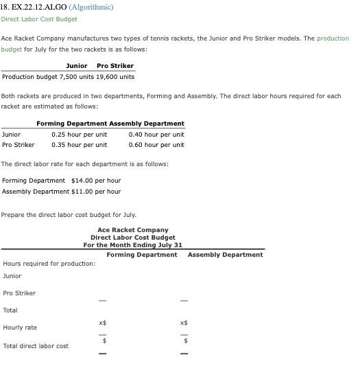 Solved 18. EX.22.12.ALGO (Algorithmic) Direct Labor Cost | Chegg.com