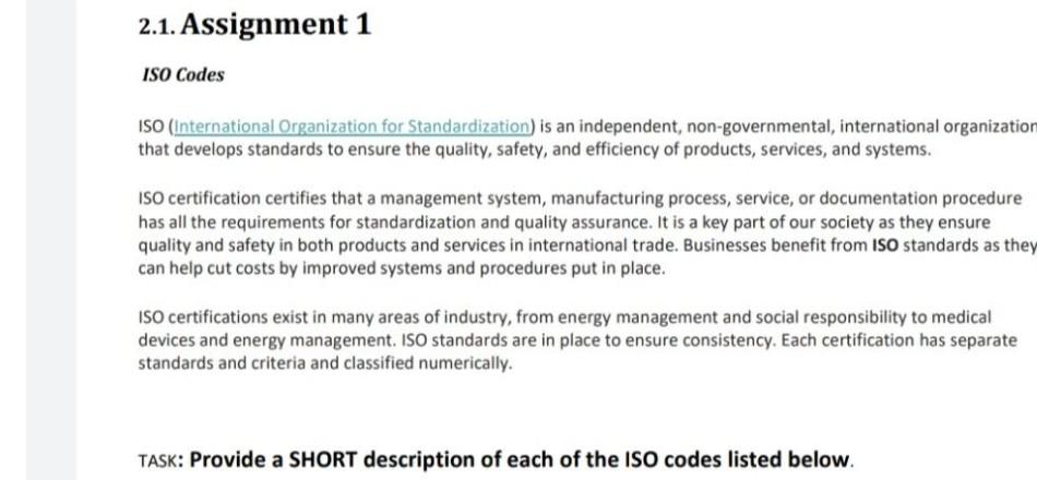 Solved 2.1. Assignment 1 ISO Codes ISO (International | Chegg.com