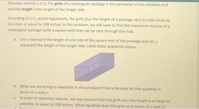 Solved (Preview Activity 3.4.1) The girth of a rectangular | Chegg.com