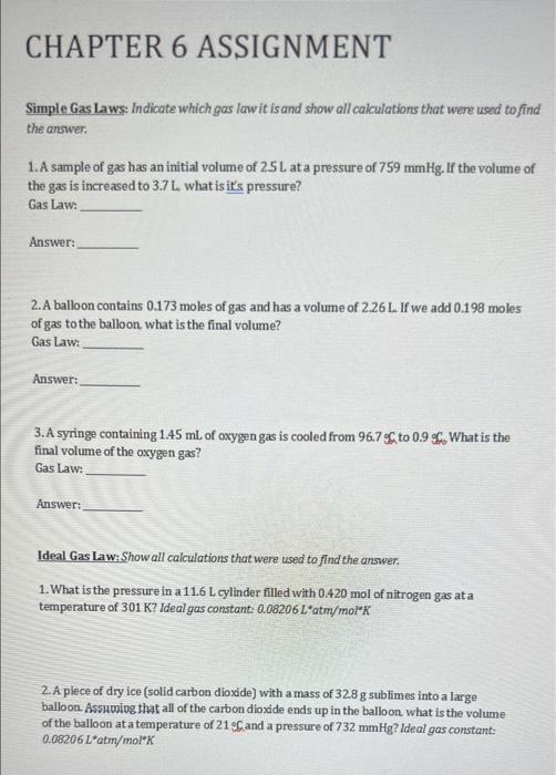 Solved CHAPTER 6 ASSIGNMENT Simple Gas Laws: Indicate which | Chegg.com