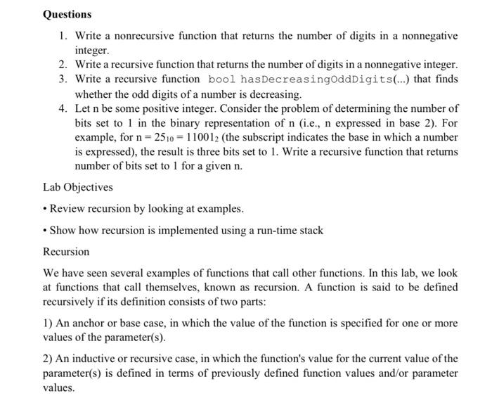 Solved Questions 1. Write a nonrecursive function that | Chegg.com