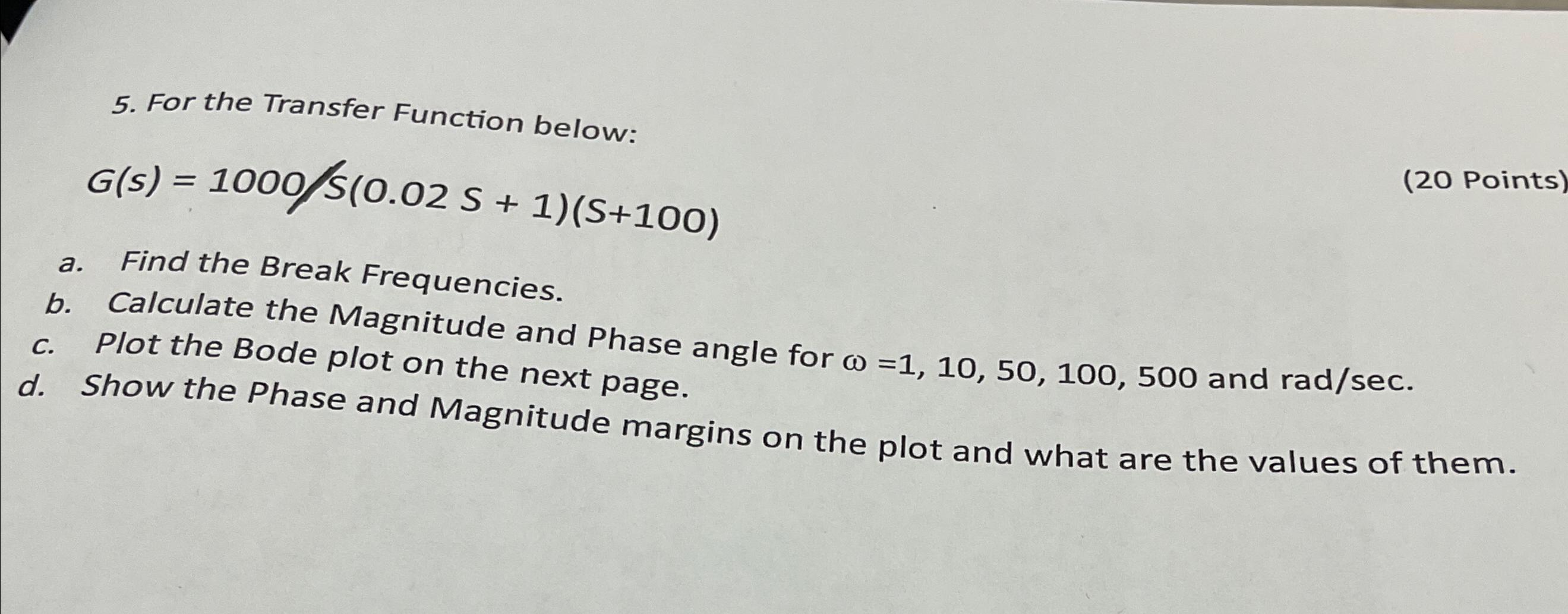 Solved For the Transfer Function | Chegg.com