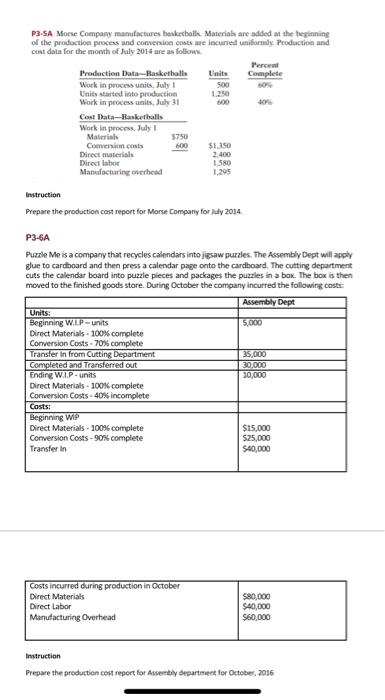 Solved P3.5A Morse Company namulactures hasketballs. | Chegg.com