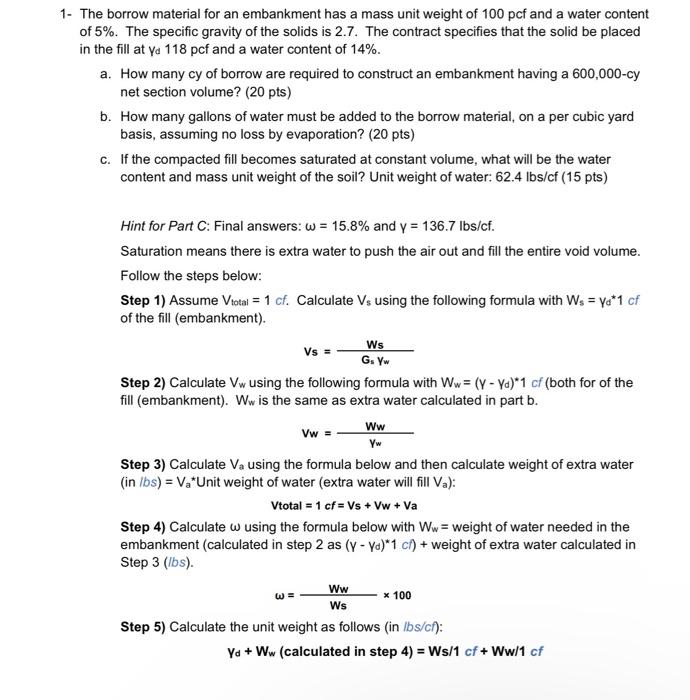Solved The borrow material for an embankment has a mass unit | Chegg.com