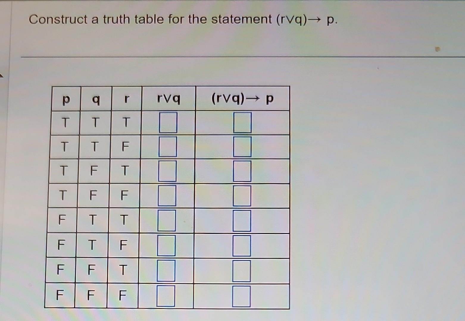Solved Construct a truth table for the statement (r∨q)→p. | Chegg.com