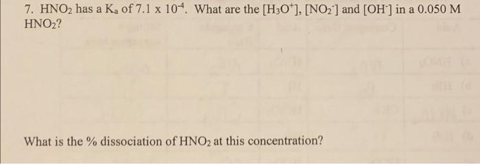 Solved 7. HNO₂ has a K₁ of 7.1 x 104. What are the [H3O+], | Chegg.com