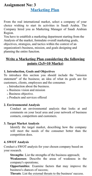 Solved Assignment No: 3 Marketing Plan From the real | Chegg.com
