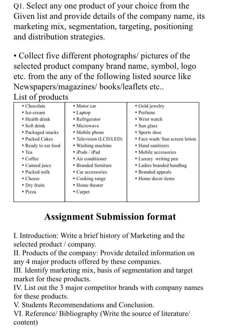 Solved Q1. Select any one product of your choice from the | Chegg.com