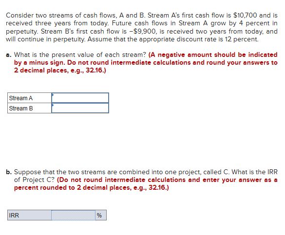 Solved Consider two streams of cash flows, A and B. ﻿Stream | Chegg.com