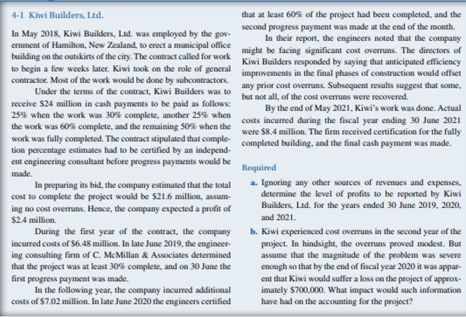 Solved 4-1 ﻿Kiwi Builders, Ltd.In May 2018, ﻿Kiwi Builders, | Chegg.com