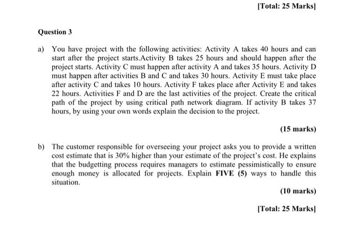 Solved [Total: 25 Marks Question 3 a) You have project with | Chegg.com