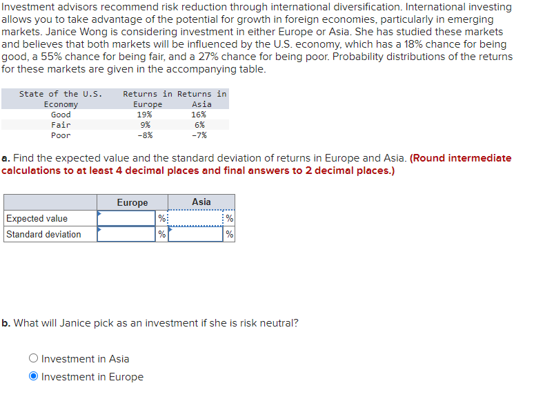 Solved Investment advisors recommend risk reduction through | Chegg.com