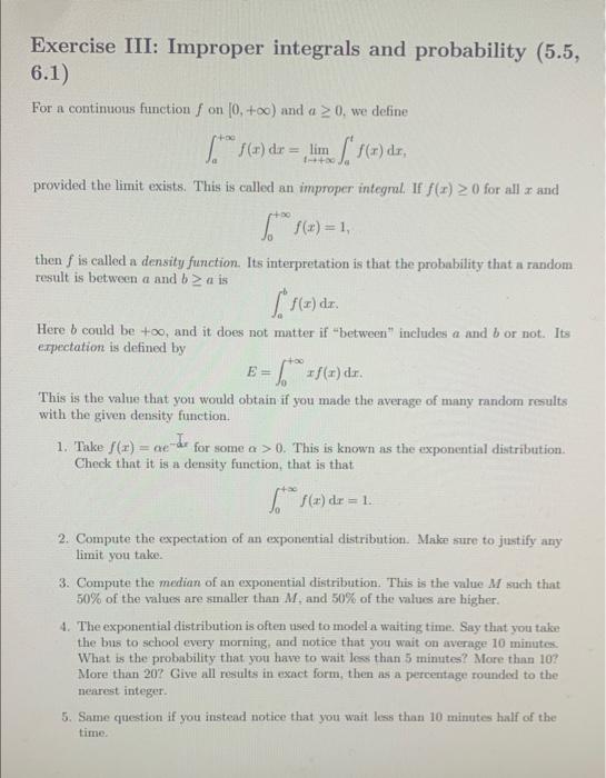 Solved Exercise III: Improper integrals and probability | Chegg.com