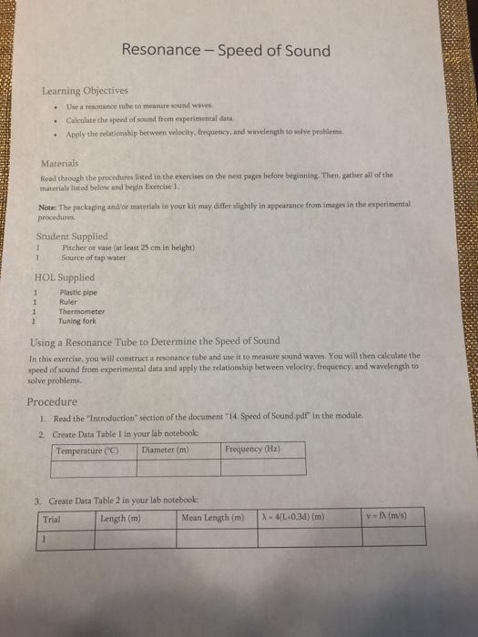 Resonance - Speed of Sound Learning Objectives Use a | Chegg.com