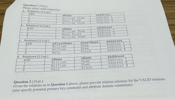 Solved Question 1 10 Pt Please Select Valid Relations A 