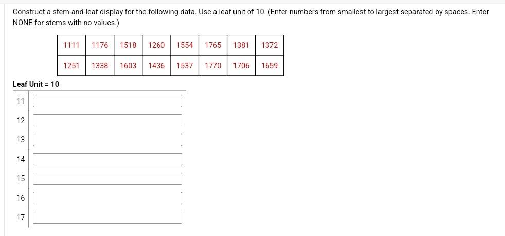 Solved Construct a stem-and-leaf display for the following | Chegg.com