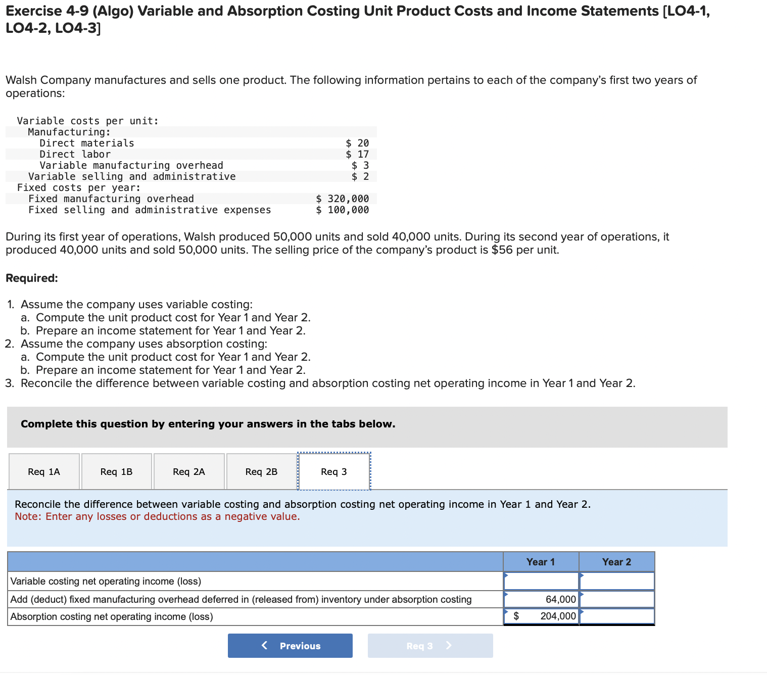 Solved Exercise 4-9 (Algo) ﻿Variable and Absorption Costing | Chegg.com