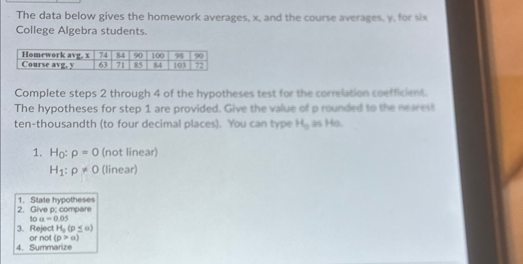 Solved The data below gives the homework averages, x, ﻿and | Chegg.com