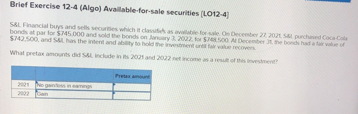 Solved Brief Exercise 12-4 (Algo) Available-for-sale | Chegg.com