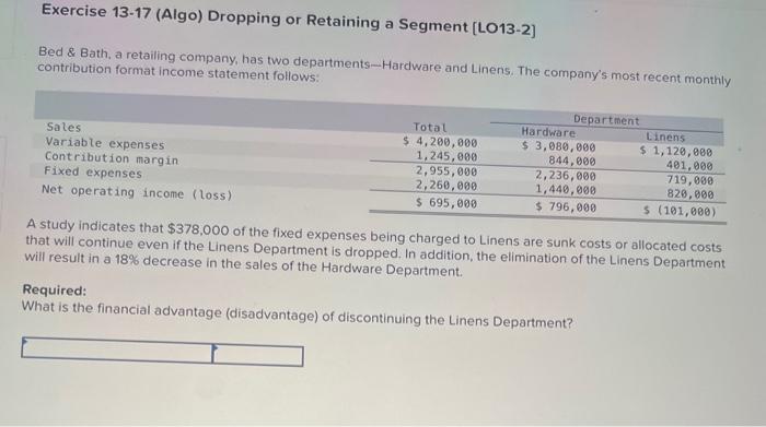 Solved Exercise 13-17 (Algo) Dropping or Retaining a Segment | Chegg.com