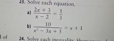 Solved Solve each equation.a) 2x+3x-2=13b) 10x2-3x+5=x+1 | Chegg.com