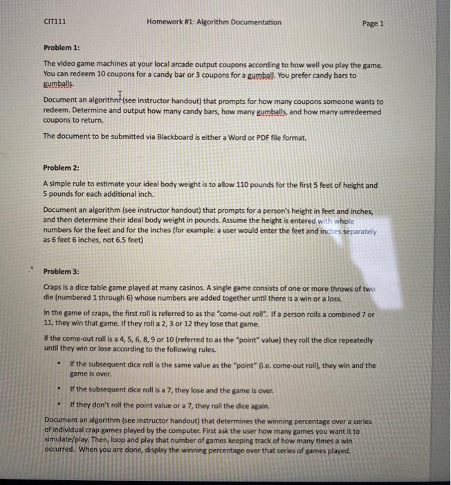 Solved CIT-111 Homework #1 Answer the problems by filling | Chegg.com
