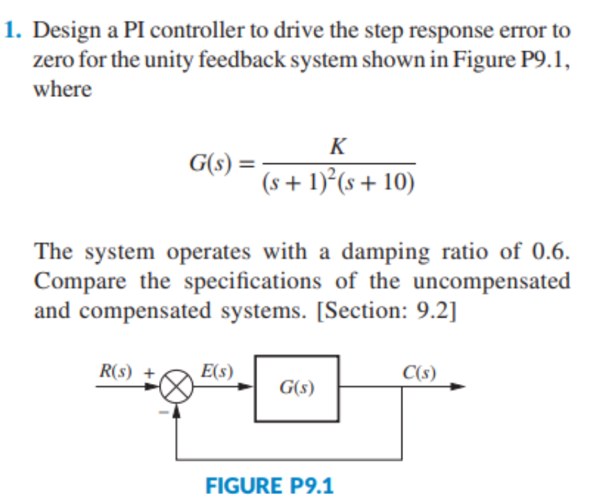 Solved Design a PI controller to drive the step response | Chegg.com