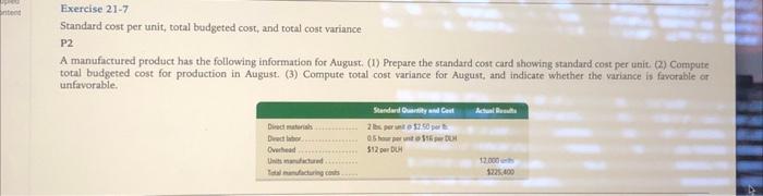 Solved Exercise 21-7 Standard cost per unit, total budgeted | Chegg.com