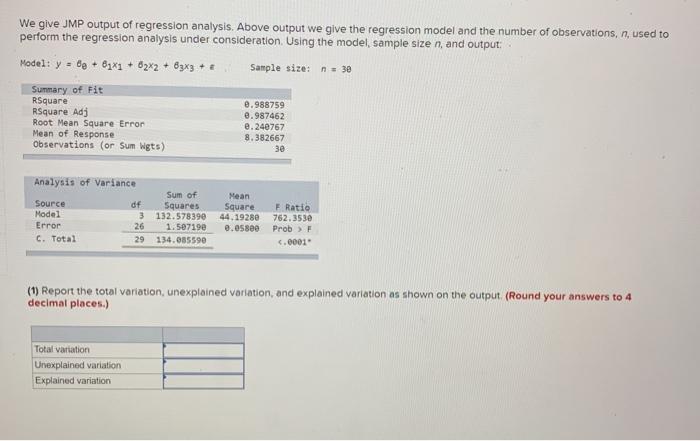 Solved We give JMP Output of regression analysis. Above | Chegg.com