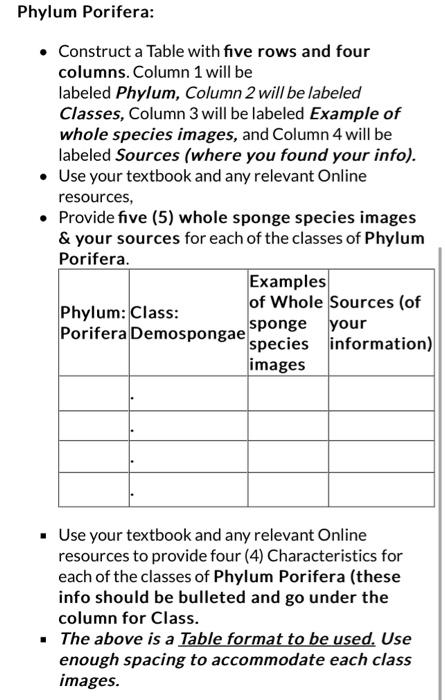 Solved Phylum Porifera: - Construct a Table with five rows | Chegg.com
