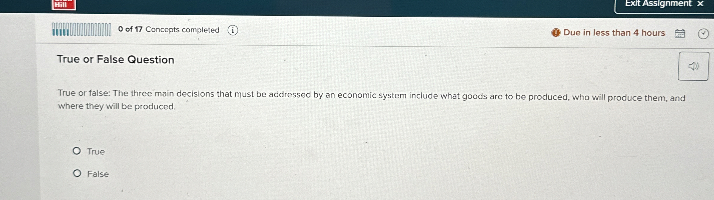 Solved Exit Assignment0 ﻿of 17 ﻿Concepts completedDue in | Chegg.com