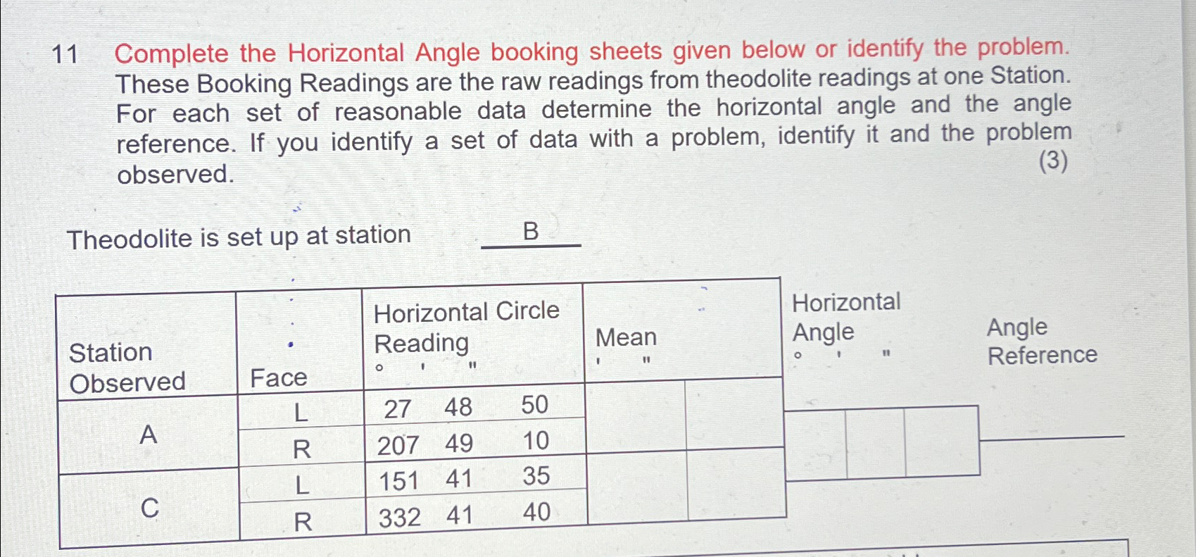 Solved 11 ﻿Complete the Horizontal Angle booking sheets | Chegg.com