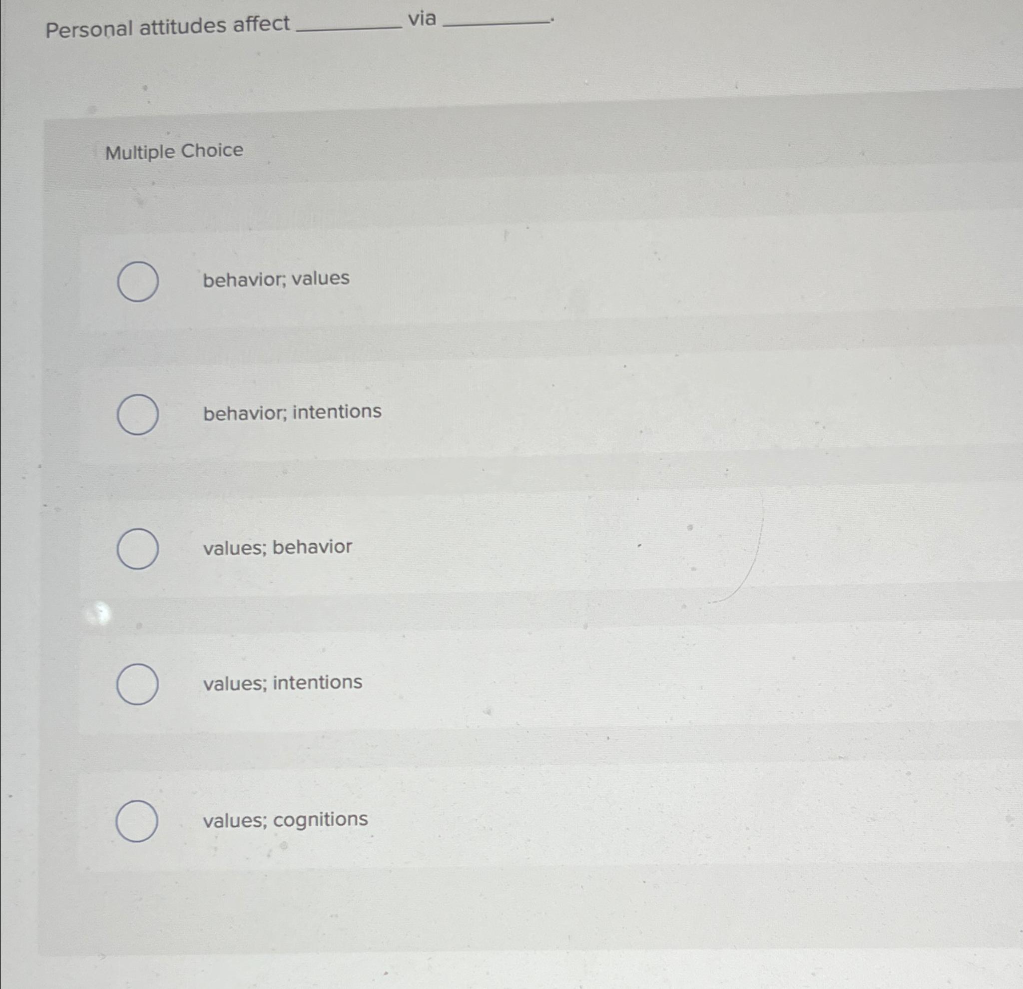 Solved Personal attitudes affectviaMultiple Choicebehavior; | Chegg.com