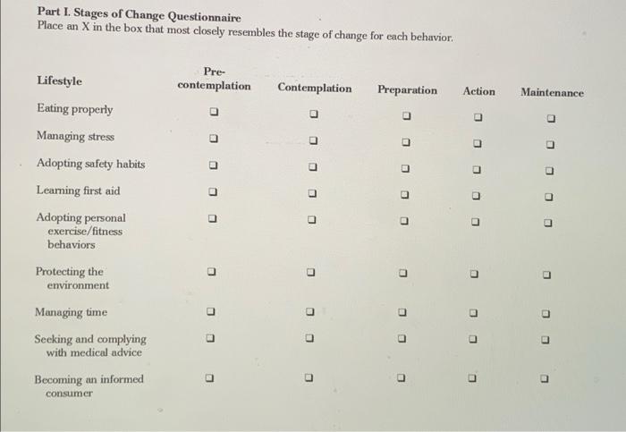 Part I. Stages of Change Questionnaire Place an X in | Chegg.com