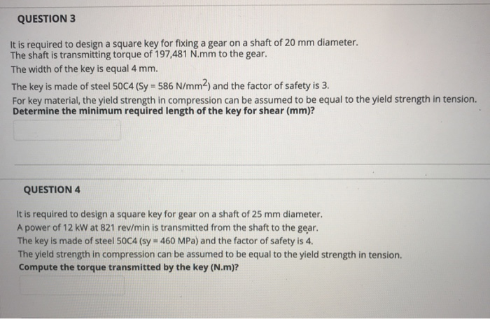 Solved QUESTION 3 It is required to design a square key for | Chegg.com