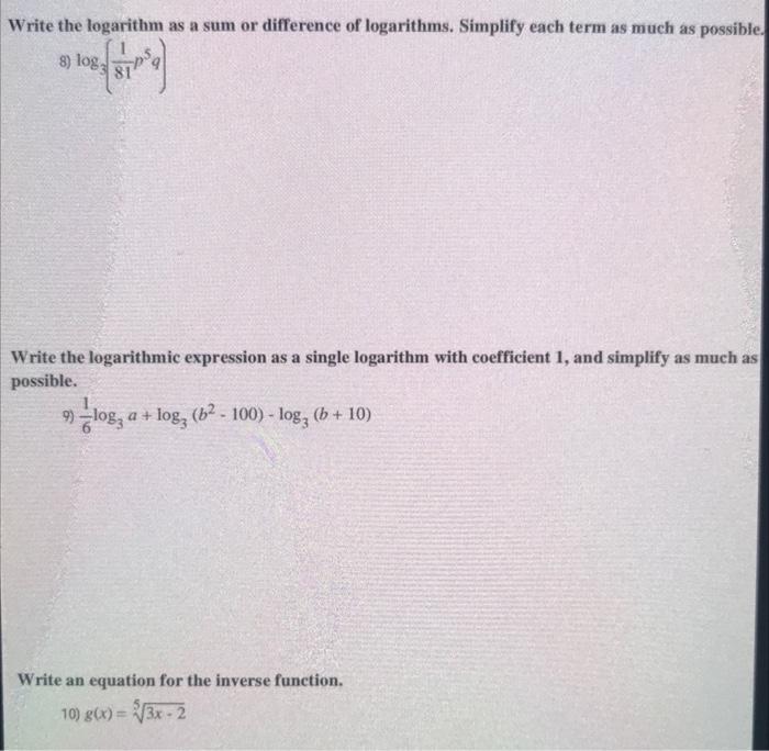 Solved Write the logarithm as a sum or difference of | Chegg.com