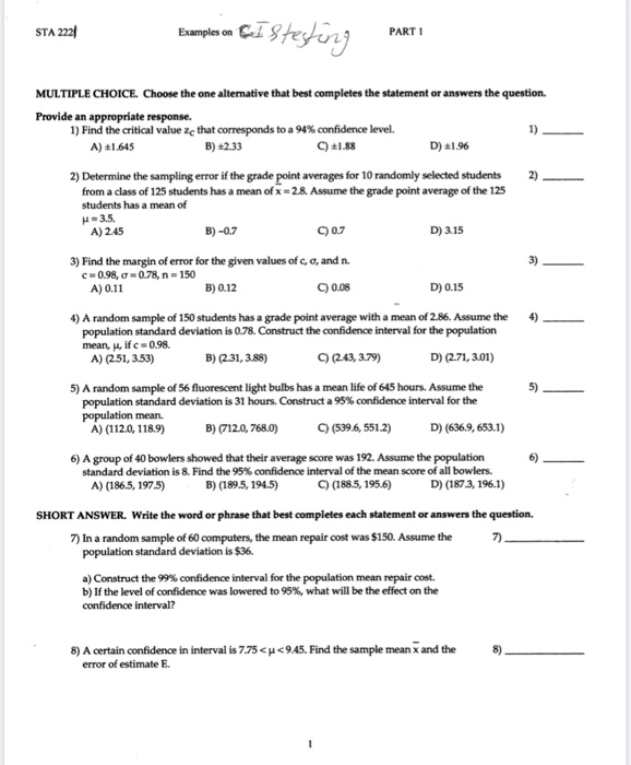 Solved STA 2221 Examples on CI Stesting PART 1 PARTI | Chegg.com