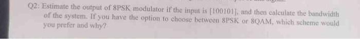 Q2: Estimate the output of 8PSK modulator if the | Chegg.com
