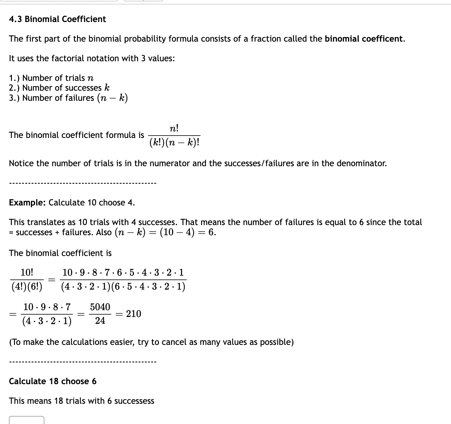 Solved 4.3 ﻿Binomial CoefficientCalculate 18 ﻿choose 6This | Chegg.com