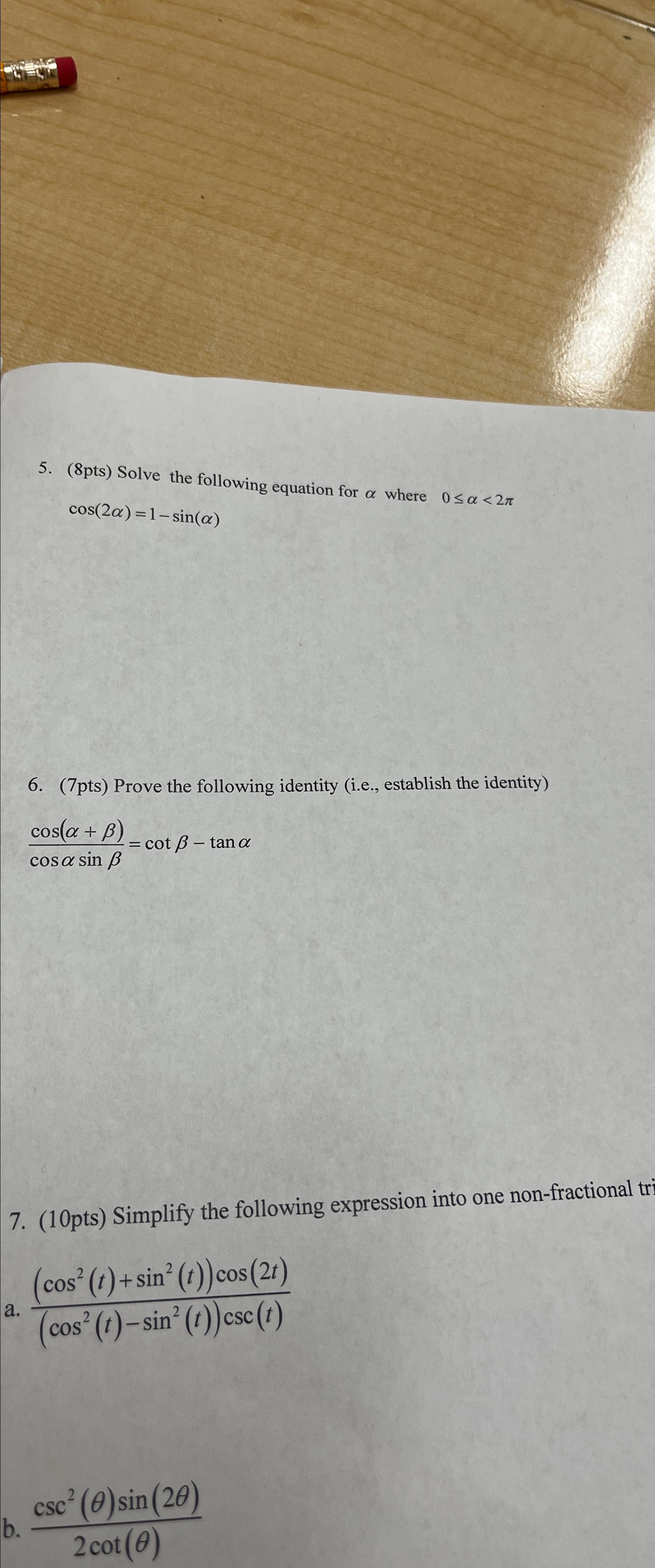 Solved (8pts) ﻿Solve the following equation for α ﻿where | Chegg.com
