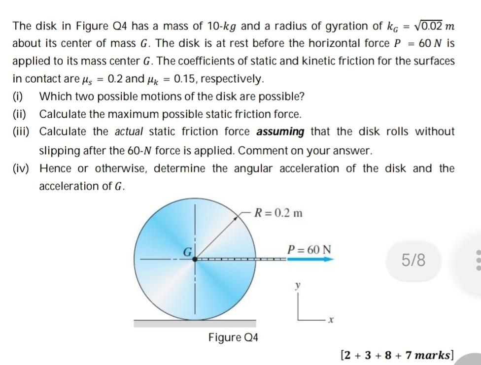 Solved The disk in Figure Q4 ﻿has a mass of 10-kg ﻿and a | Chegg.com