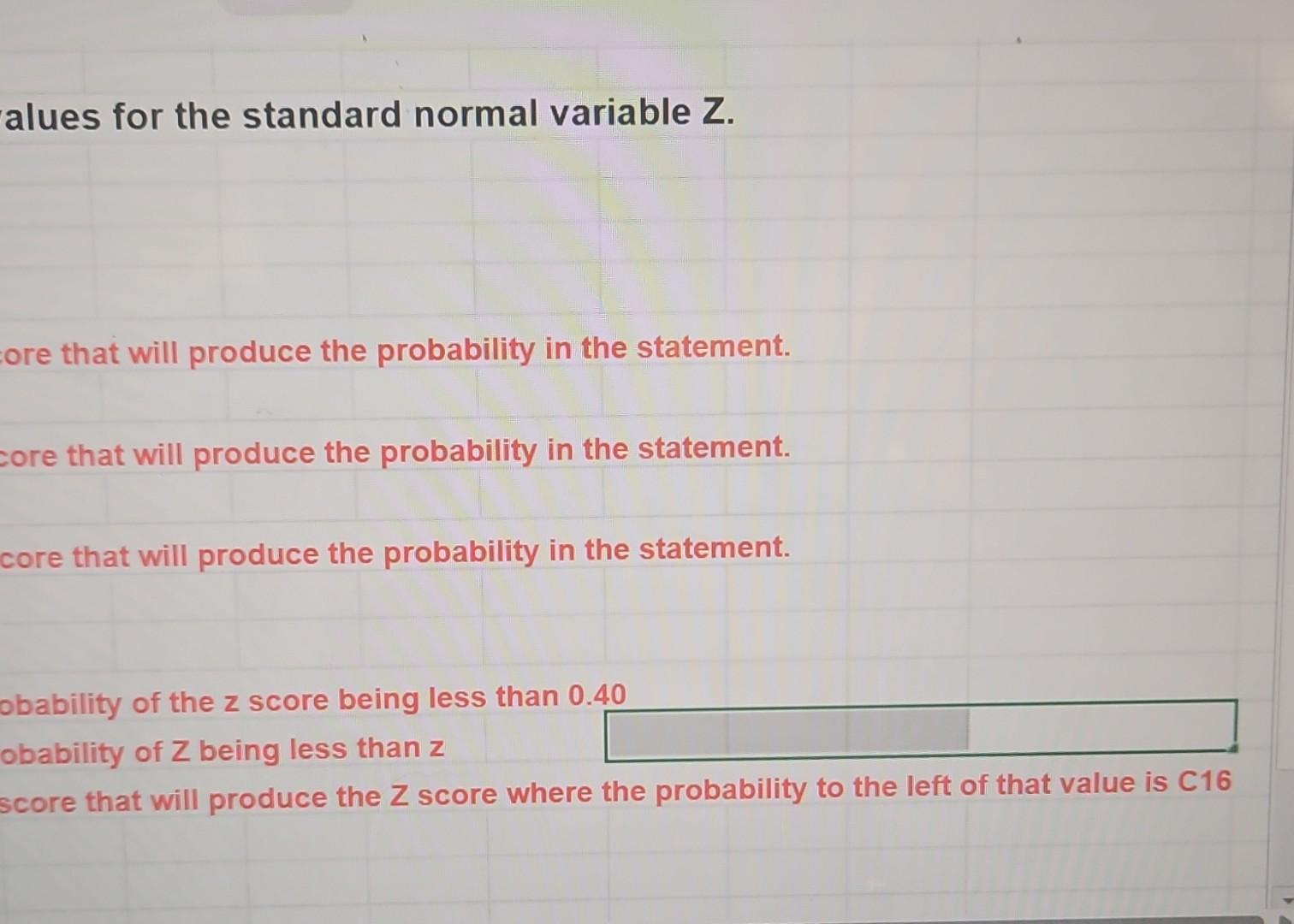 Solved Use Excel's function options to find the following z | Chegg.com