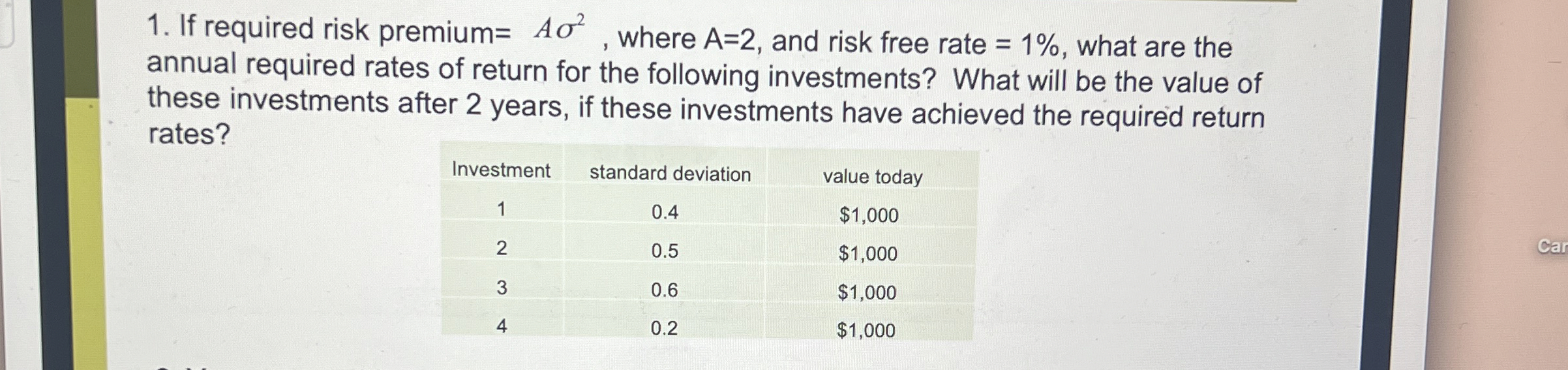 Solved If required risk premium =Aσ2, ﻿where A=2, ﻿and risk | Chegg.com