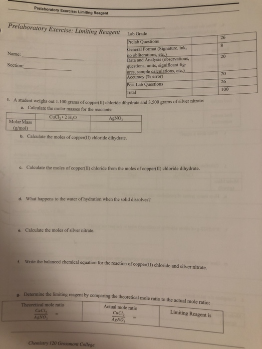 Solved Prelaboratory Exercise: Limiting Reagent | Chegg.com