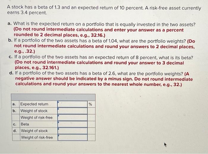 Solved A stock has a beta of 1.3 and an expected return of | Chegg.com